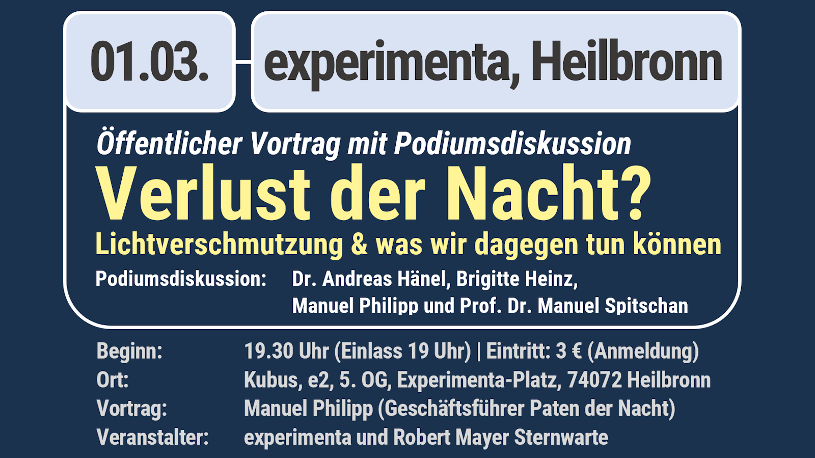 Vortrag Lichtverschmutzung in Heilbronn "experimenta" (DE) | Eintritt frei